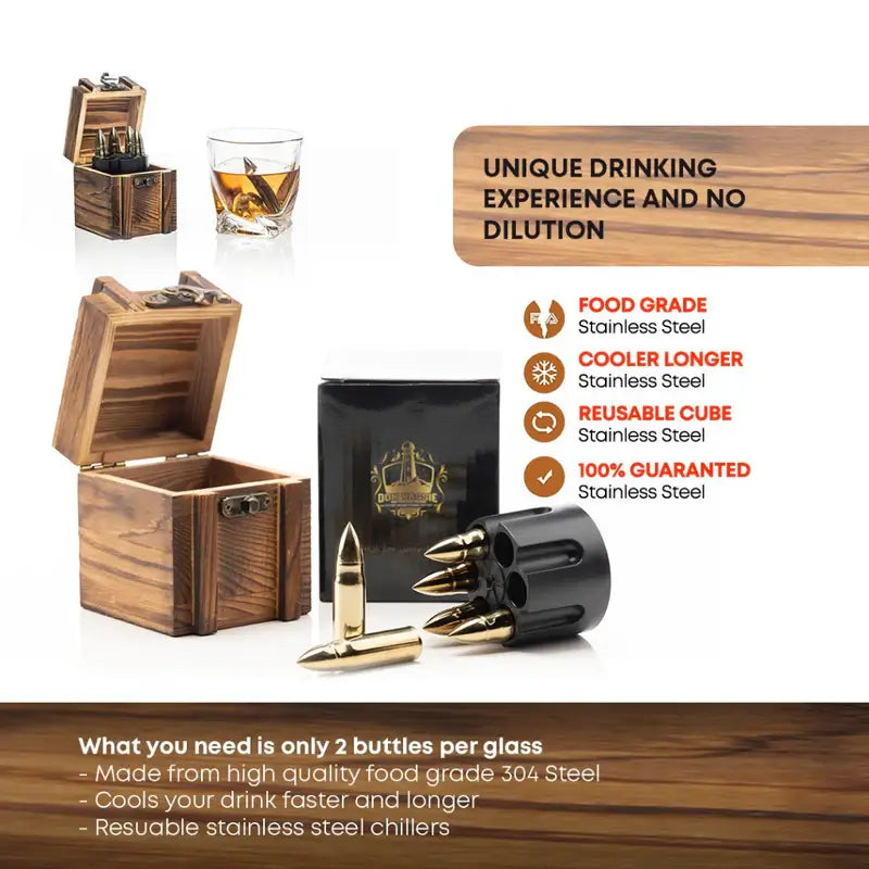 Whisky Bullet Chillers 6 pcs Golden with a Revolver Base and a Wooden ...