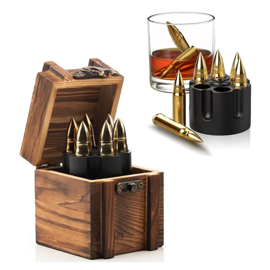 Whisky Bullet Chillers 6 pcs Golden with a Revolver Base and a Wooden ...